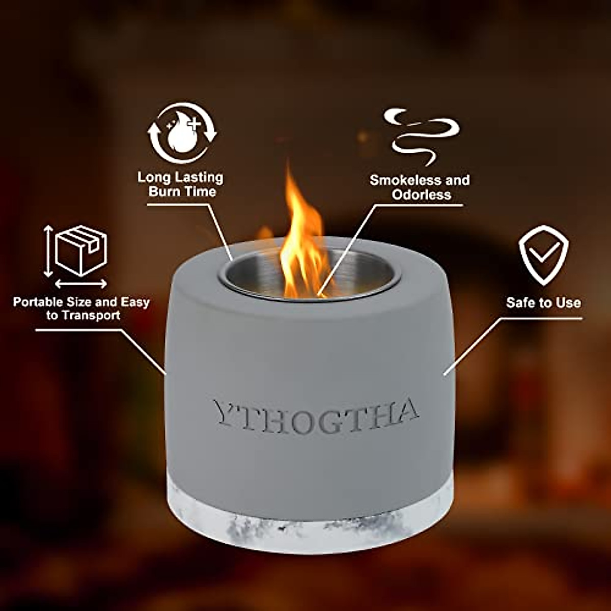 YTHOGTHA Table Top Firepit Bowl Mini Portable Fireplace - Personal Concrete Tabletop Fire Pit Smores Maker for Indoor & Outdoor Use, Full Accessory Kit with Burner and Extinguisher