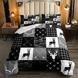 Camo Deer Boys Twin Comforter Set,Deer Antlers Silhouette Black Grey Camouflage Quilt Set for Kids Adults Room Decor,Wild Animals Hunting Adventure Rustic Comforter,Geometric Plaids Arrow Bedding Set