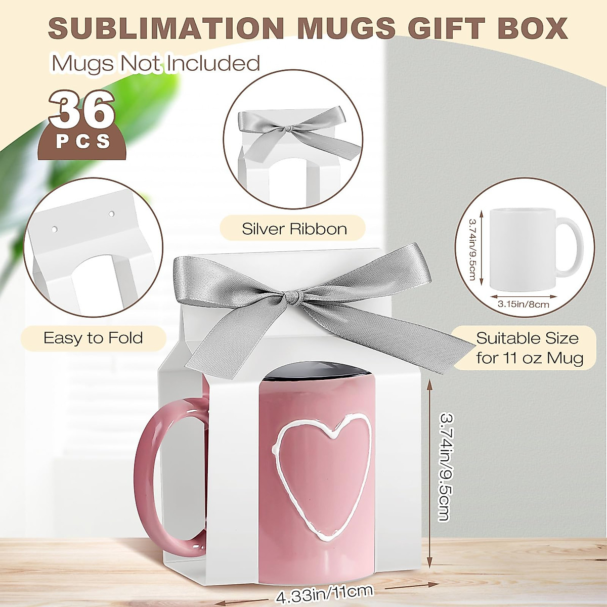 Kosiz 36 Pcs Mug Boxes Sublimation Mugs Gift Bags Mug Box Gift Box with Window Mug Boxes for Shipping Selling Gift Packaging Box for Mugs Gift Wrapping (White, Silver,for 11oz Mug)