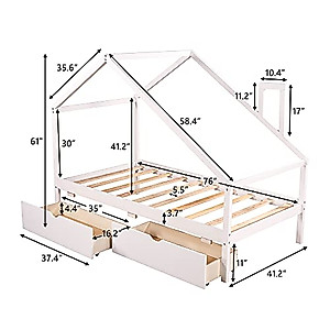 YuiHome Wooden Daybed for Kids Teen, Twin Size House-Shaped Daybed with Two Pull-Out Drawers and Roof, Can be Decorated,White