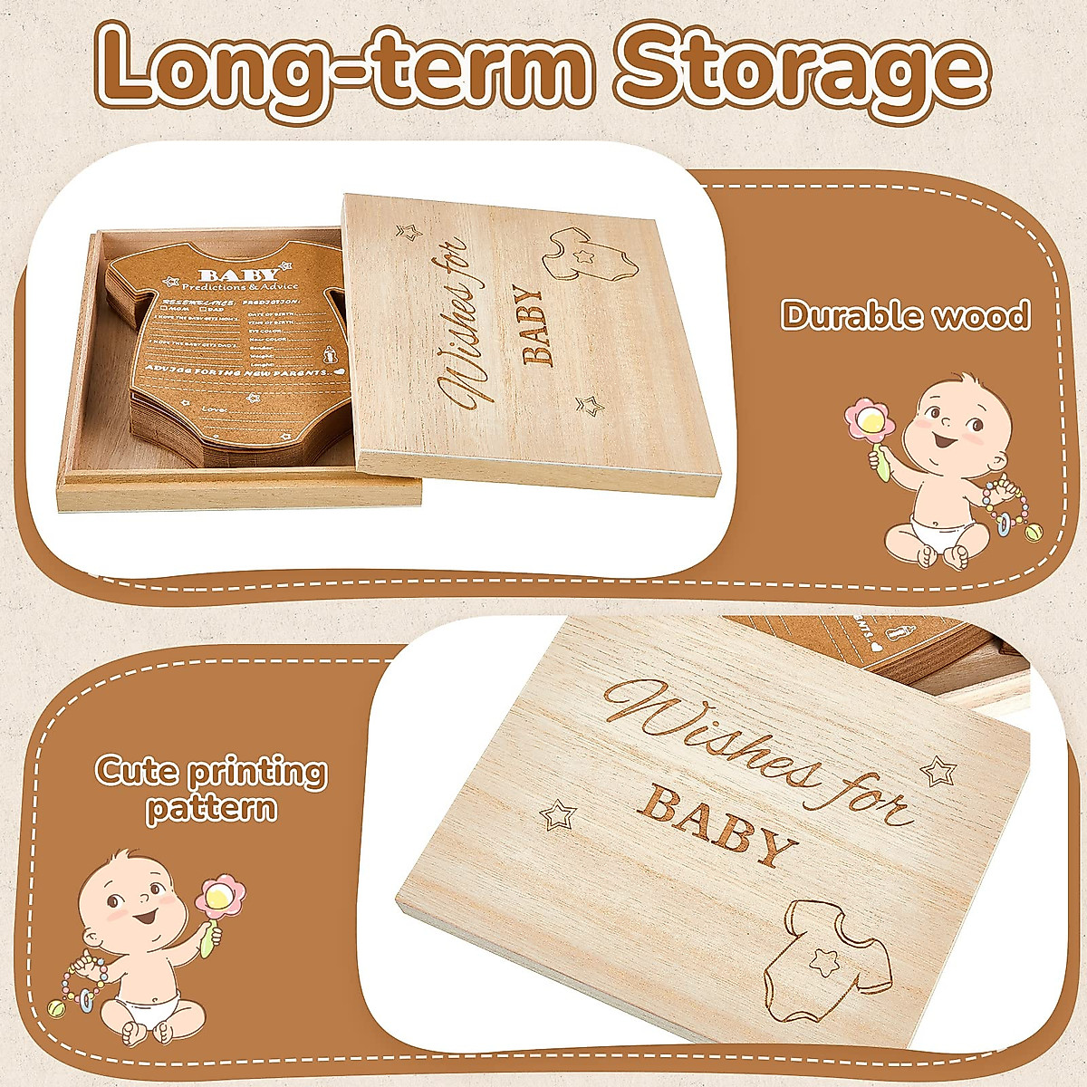Queekay 50 Pcs Baby Prediction Cards for Baby Shower Advice Wishes Card with Wood Box for Baby Shower Games Party Decorations