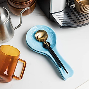 Sweejar Owl Ceramic Spoon Rest Set, Large Spoon Holder for Kitchen, Drip Catcher for Ladle, Spatula, Tongs, Cooking Accessories, Set of 2 (Steel Blue)