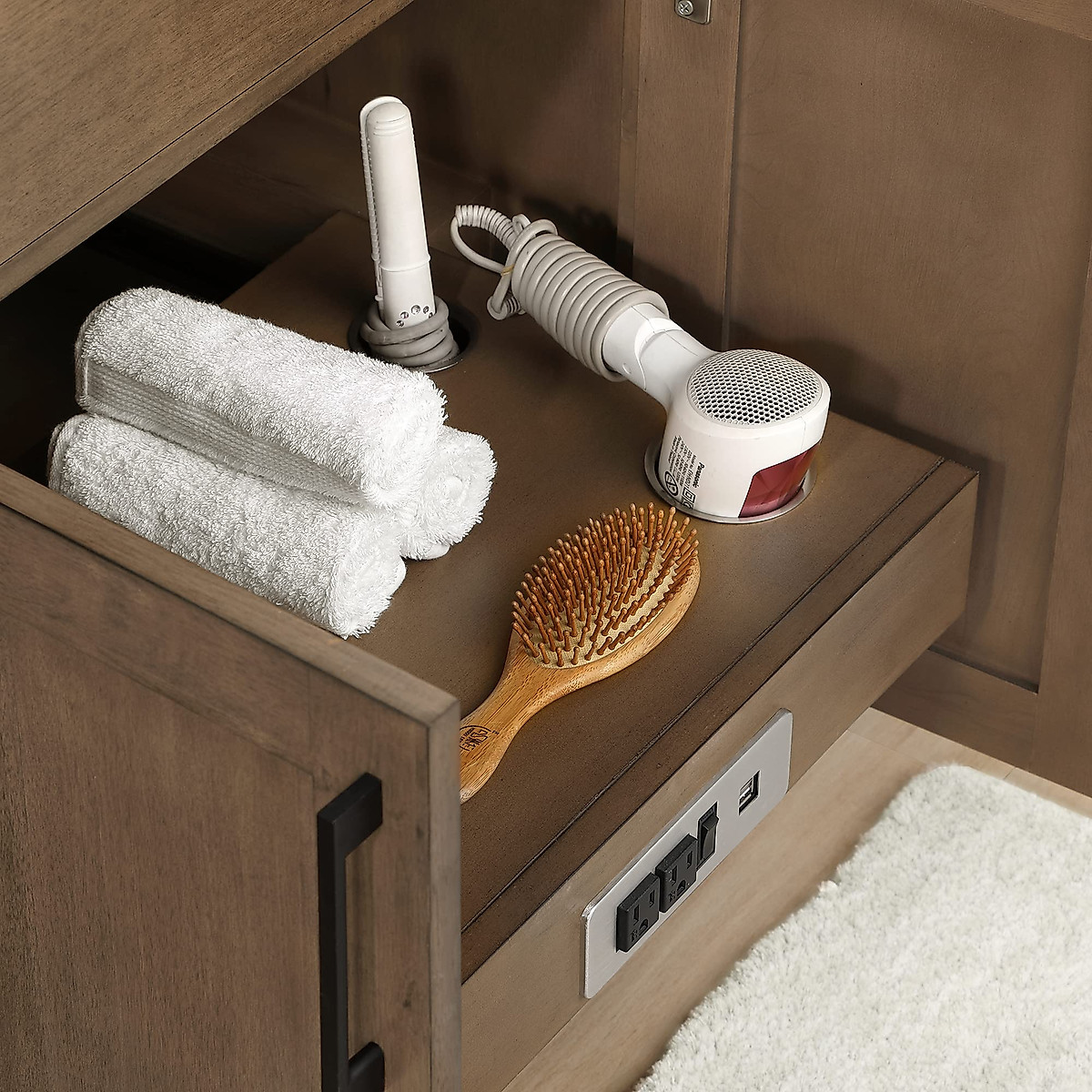 OVE Decors Maya Plus 72 in. Double Sink Bathroom Vanity in Almond Latte Finish, Black Hardware and Included Power Bar