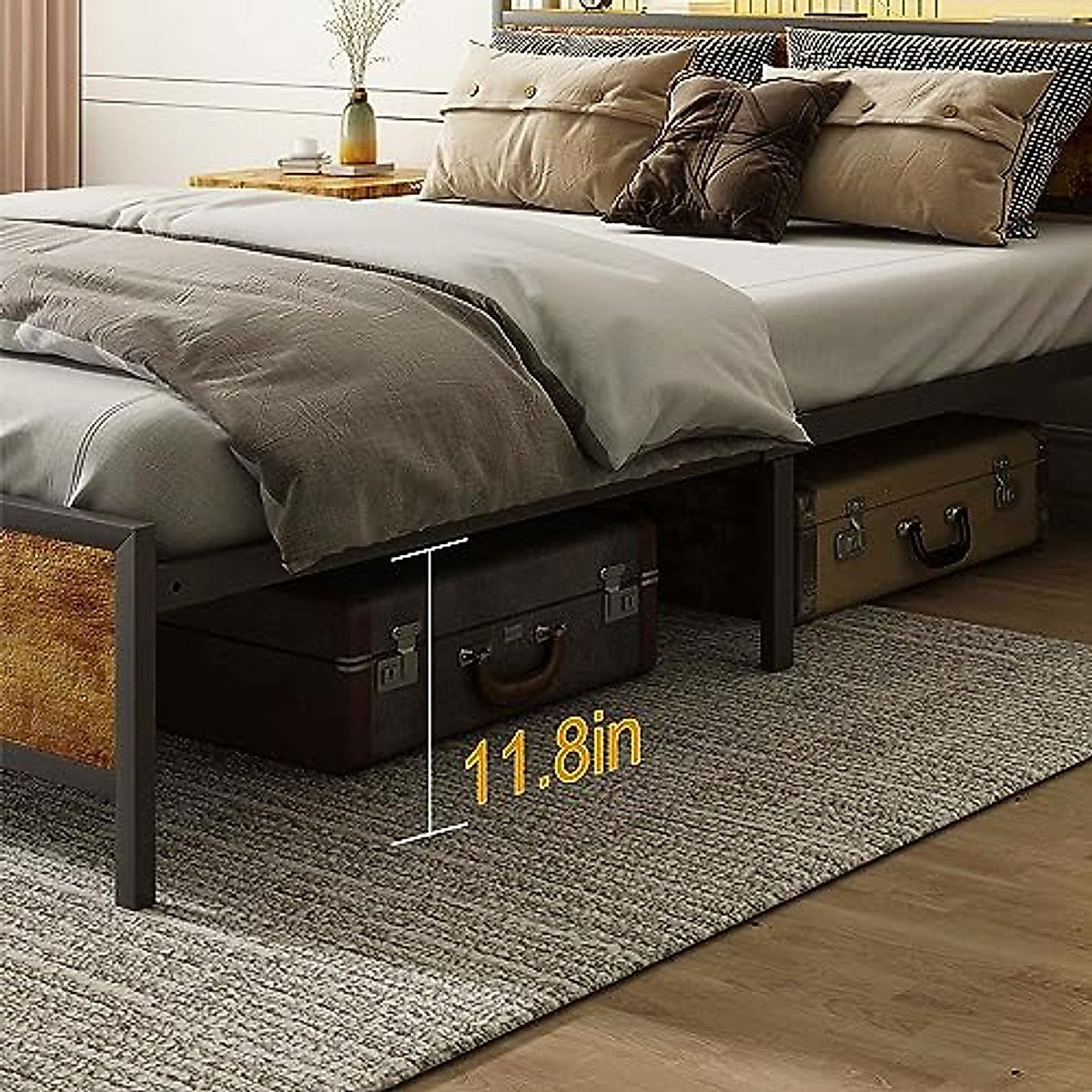 HoldoLife Queen Size Bed Frame with LED Lights and 2 USB Ports, Industrial Platform Bed with Storage Headboard, Non-Slip Noise Free Bed Frame, Rustic Brown, Easy Assembly (Queen)