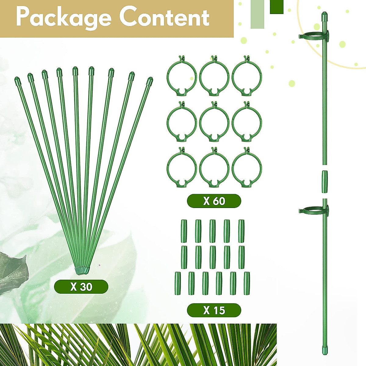 30 Pcs Adjustable Plant Support Stakes Garden Single Stem Support Stake Plant Cage Support Rings with Plant Clips and Connect Pipe for Orchid Rose Tomato, 12 Inch (Green)