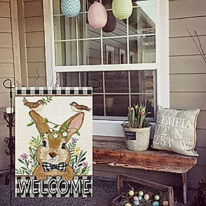 CROWNED BEAUTY Easter Bunny Garden Flag Floral 12x18 Inch Double Sided for Outside Burlap Small Buffalo Plaid Birds Welcome Yard Holiday Flag CF717-12