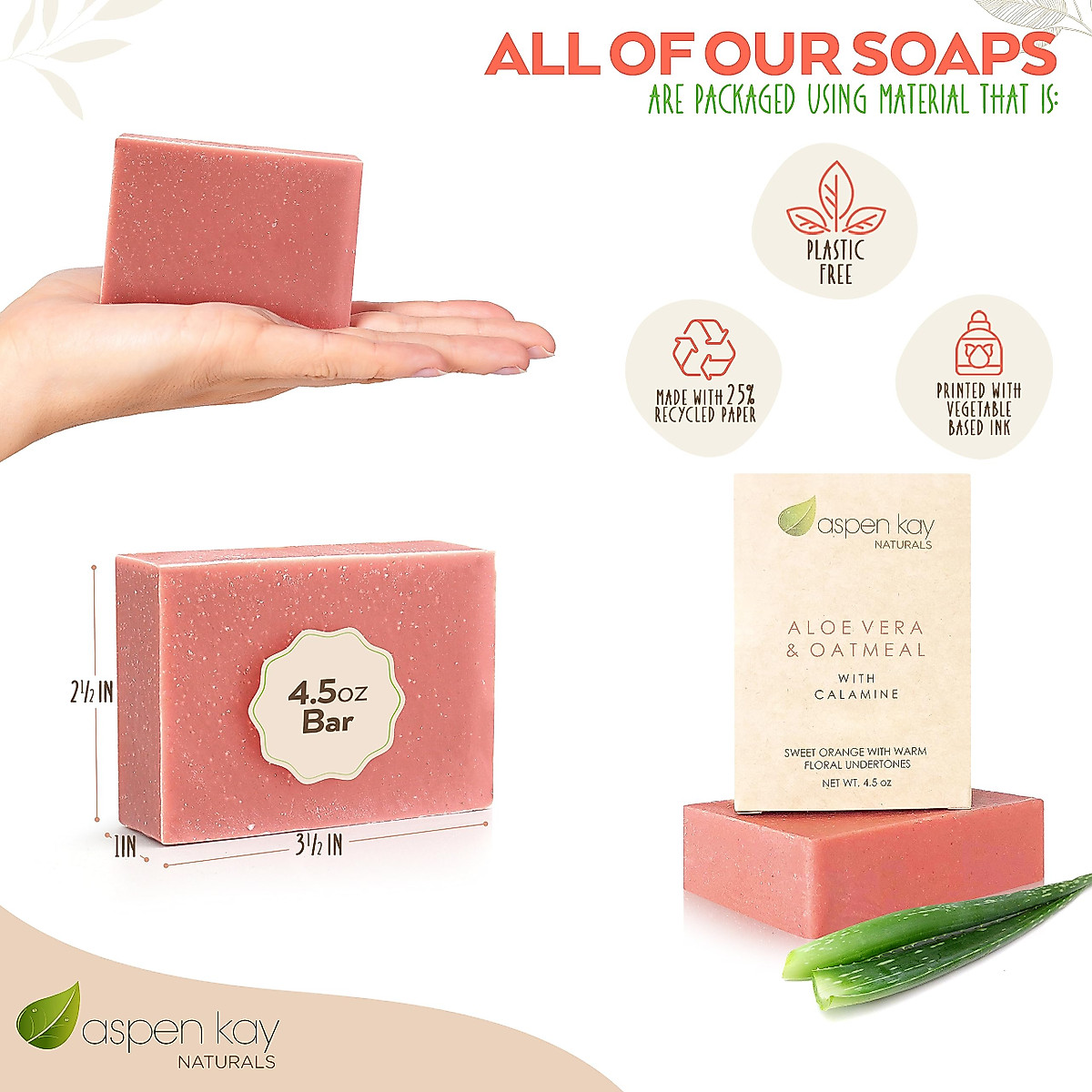 Aspen Kay Naturals Handmade Calamine Soap Bar for Face & Body - Organic Aloe Vera & Colloidal Oats - Natural Soap with Organic Skin Loving Oil - Gentle Soap – Made in the USA 4.5 oz
