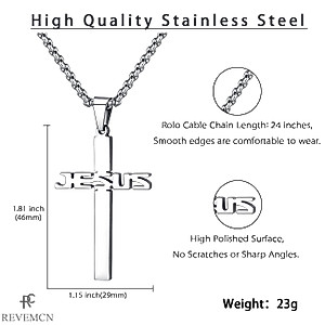 REVEMCN Stainless Steel Jesus Cross Pendant Necklace for Men Women 20-24 Inches Rolo Chain Christian Gifts for Men Faith