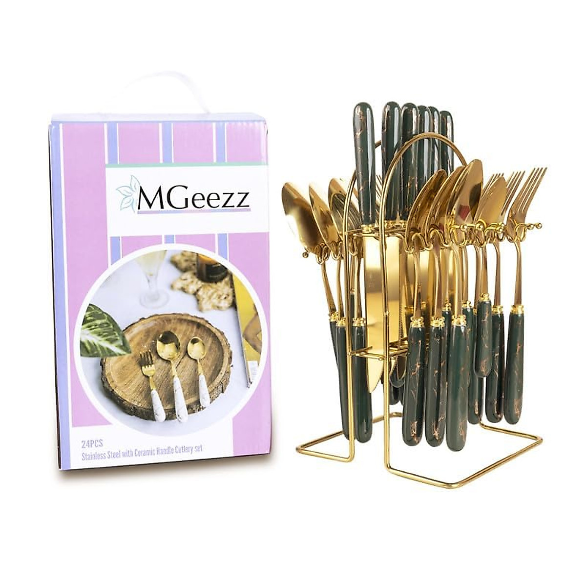 MGeezz Abstract Forest Green Ceramic Golden Stainless Steel Cutlery Set of 24 with Spoons, Forks & Knives with Stand Marble Design Handle with Exquisite Pattern Sets