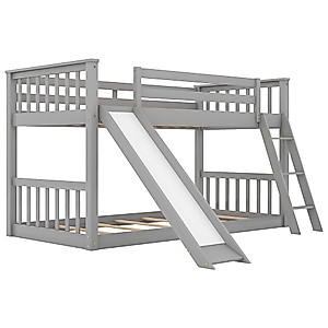 Harper & Bright Designs Bunk Bed Twin Over Twin,Wooden Twin Bunk Bed with Slide & Angled Ladder, Low Profile Toddler Bunk Beds for Kids, Floor Bunk Beds for Girls Boys,Grey