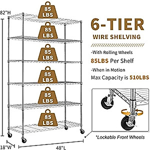 YYkokocat 6-Tier Adjustable Storage Shelves Heavy Duty Wire Shelving Unit with Wheels 2100Lb Metal Layer Rack Shelf NSF Shelving for Closet Kitchen Garage, 82" H x 48" L x 18" D - Chrome