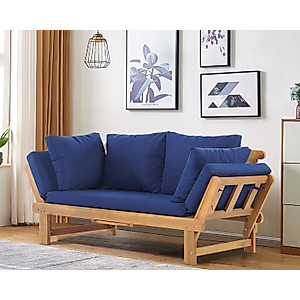 PayLessHere Outdoor Couch Patio Couch Daybed with Adjustable Armrest, Wooden Loveseat with Cushion and Pillow, and Expandable Plate