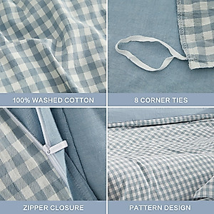 SAPHREAS Home Twin Light Blue Plaid Duvet Cover 100% Washed Cotton Soft Comforter Cover Simple Style 2pcs 1 Blue Grid Duvet Cover with Zipper Ties 1 Pillowsham