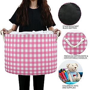 Gingham Hot Pink Plaid Storage Basket Round Collapsable Waterproof Decorative Baskets with Sturdy Handle Decoration for Toy Toy Cloth