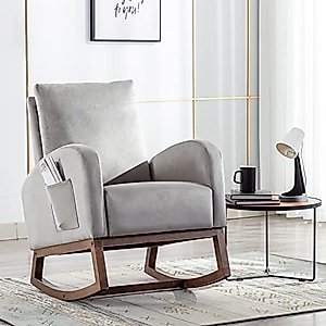Velvet Rocking Chair Nursery Glider Rocker Chair High Backrest Upholstered Accent Armchair with Side Pocket for Living Room Bedroom Office (Grey)