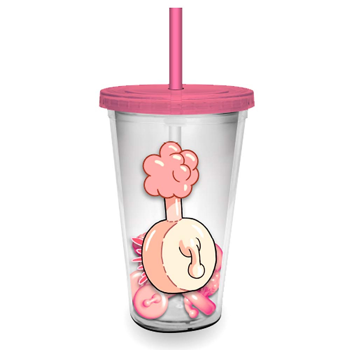 Official Rick and Morty Plumbus Travel Tumbler with Reusable Straw and Lid 16 oz With 5 Plumbus Plastic Ice Cubes, Tiki Style, Double Wall, Soda Beer Juice Drinking cup, BPA Free By JustFunky