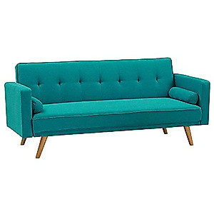 ERYE Turquoise 3-in-1 Upholstered Futon Loveseat Convertible Sleeper Bed,2-Seaters Sofa & Couch Soft Cushions Love Seat Daybed for Small Space Living Room Napping Linen w/2 Pillows, Twin