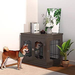 4NM Furniture Style Dog Crate with Cushion, Dog Kennel, Dog Cage for Small Medium Dogs, Indoor Aesthetic Puppy Kennel, Chew-Proof Metal Bars,Pretty Cute End Side Table Nightstand- Espresso