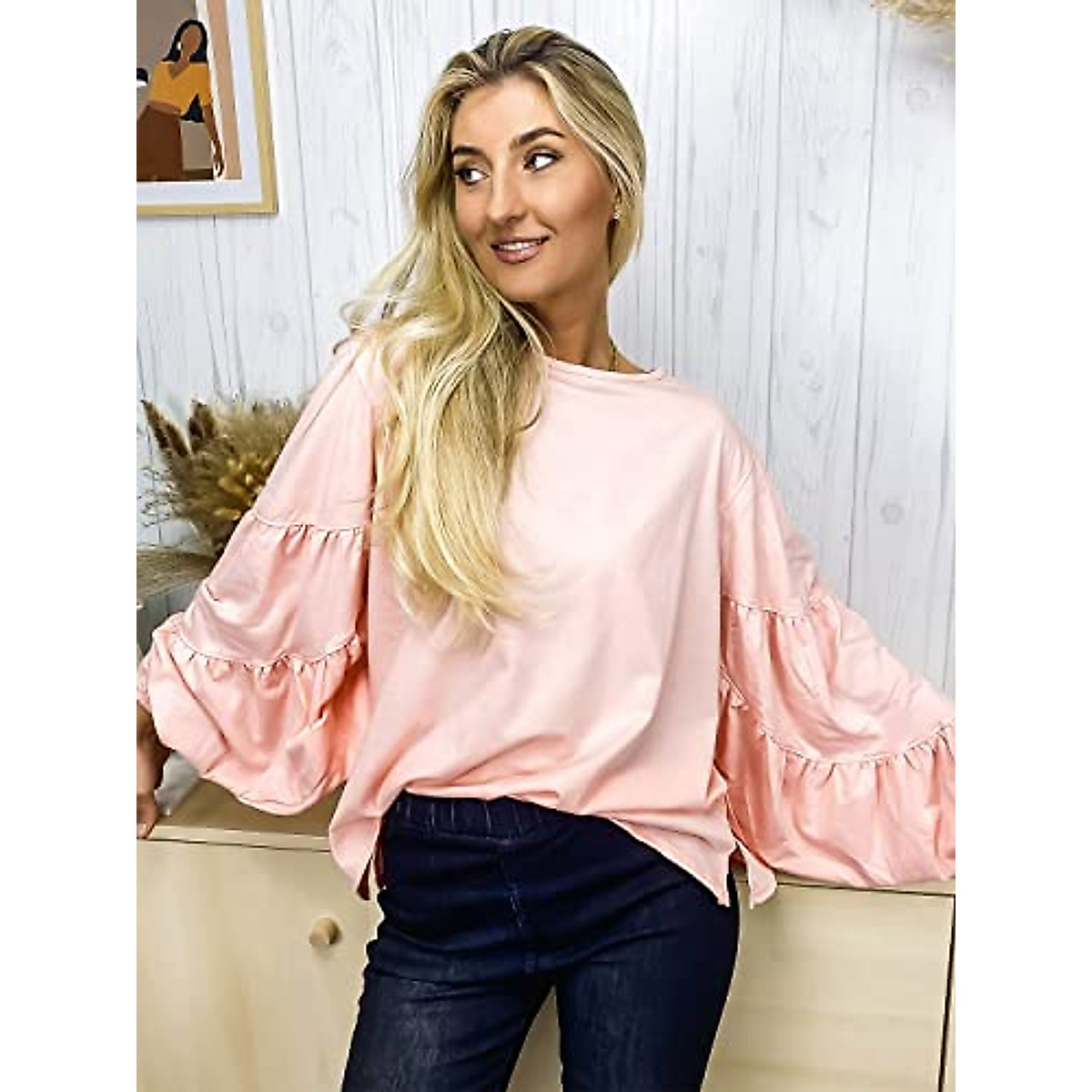 Anna-Kaci Womens Long Lantern Sleeve Soft Loose Baggy Tops T-Shirt Pullover, Rose, Small