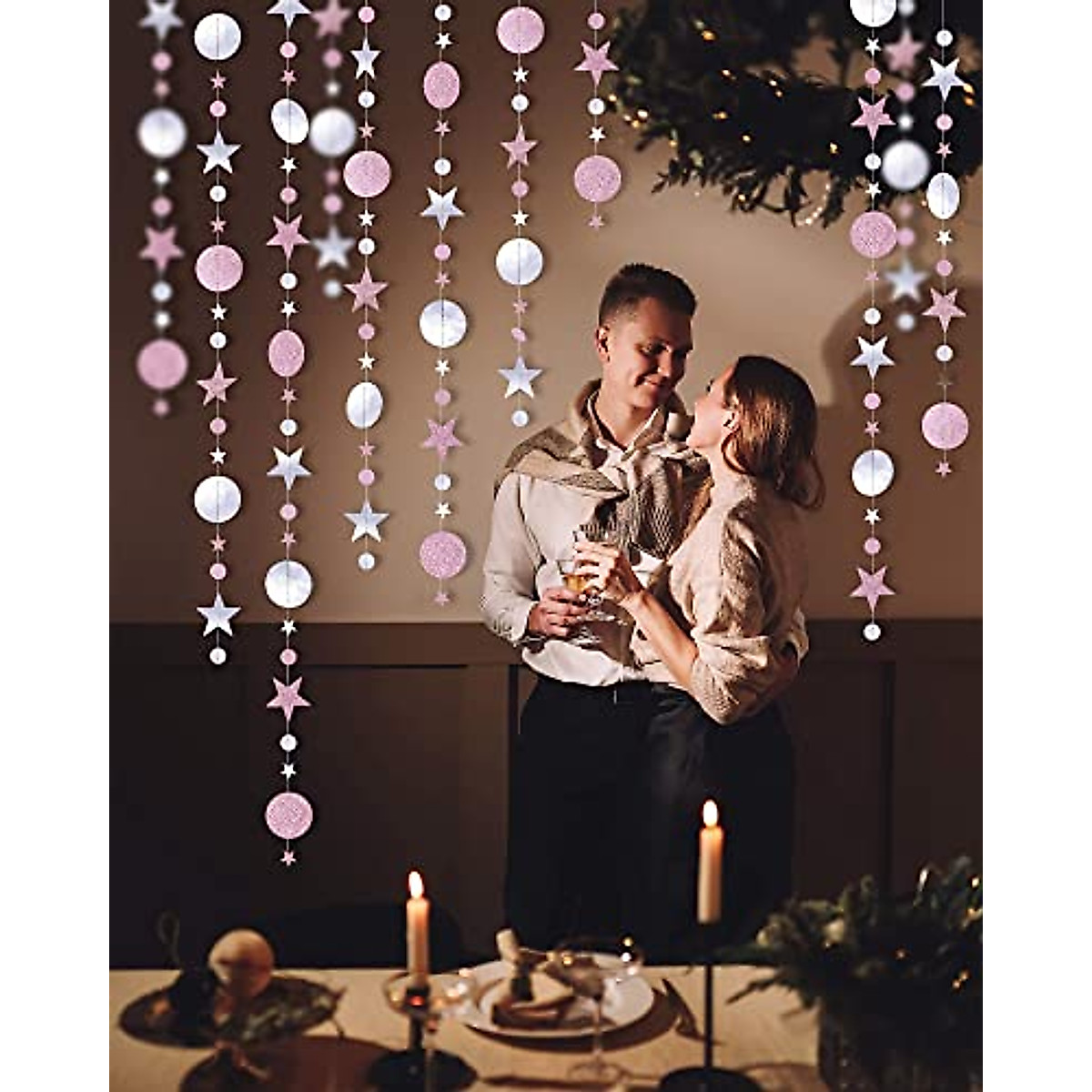 Glitter Star Circle Dot Garland, Twinkle Little Star Party Decoration Hanging Streamer Backdrop Banner, for Wedding Baby Shower Christmas Birthday Party Decor Supplies, 3 String Totle 39 Feet (Pink)