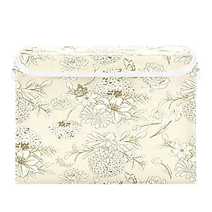 Kigai Storage Basket Vintage Flower Beige Storage Boxes with Lids and Handle, Large Storage Cube Bin Collapsible for Shelves Closet Bedroom Living Room, 16.5x12.6x11.8 In