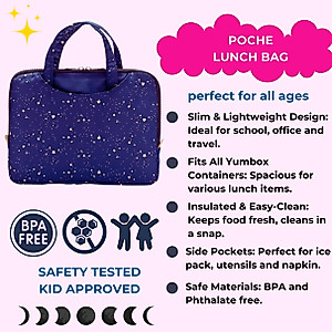 Yumbox Poche (Midnight Blue with Gold Stars) Slim Design Insulated Lunch Bags for Women, EVA Lined Sleeve with tuck away Handles, Exterior Pockets. Fits all Bento Boxes. School, work, travel