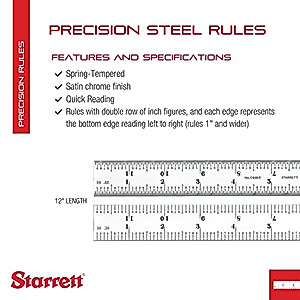 Starrett Spring Tempered Steel Rule with Satin Chrome Finish, Quick Reading and Inch Graduations - 12" Length, 6R Graduation Type, 3/64" Thickness - C606R-12
