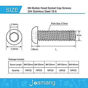 Joamang M4 x 20mm 25mm 30mm 35mm 40mm Button Head Socket Cap Screws Bolts, Stainless Steel 304, Metric Allen Hex Drive, Bright Finish, Fully Threaded, Assortment Kit 50PCS