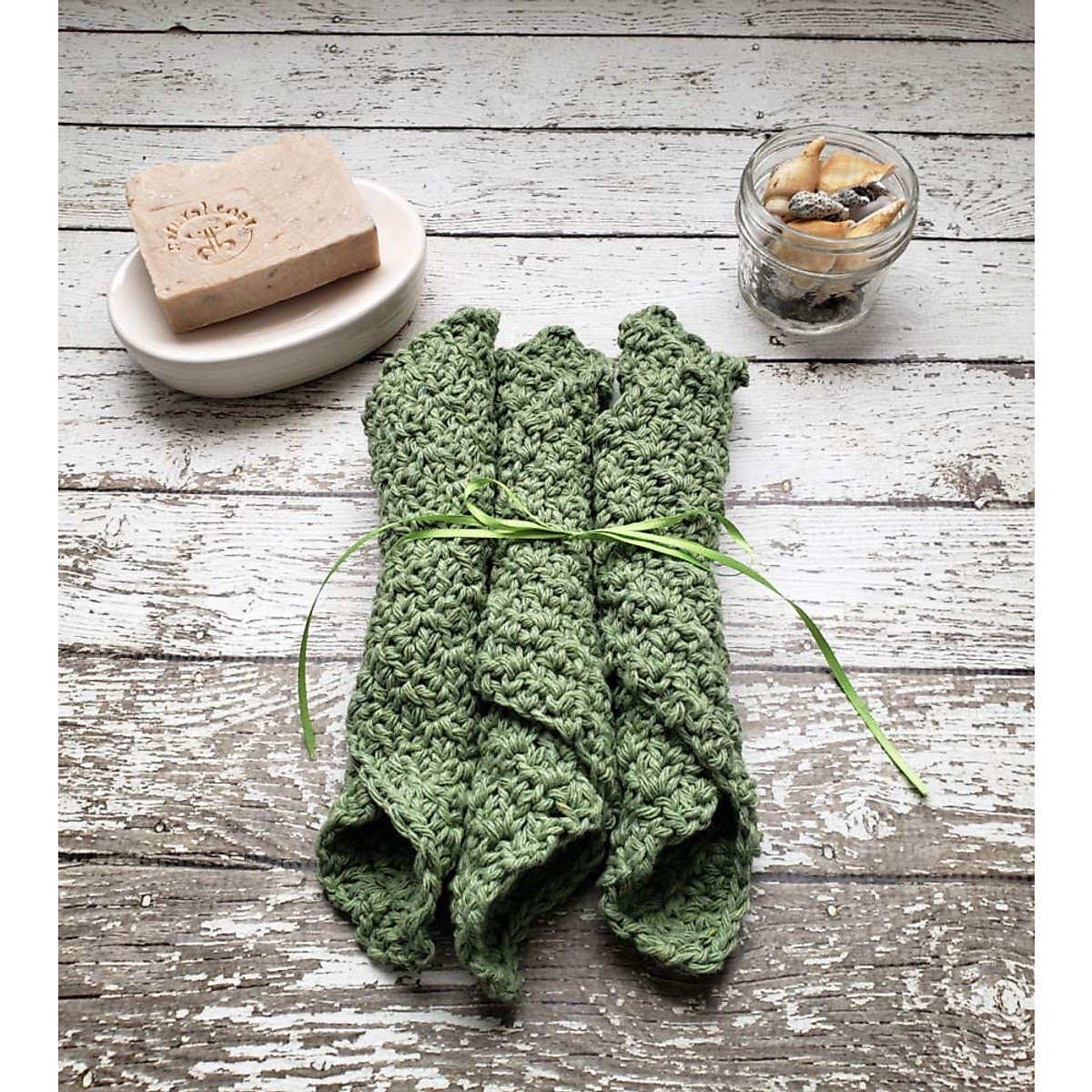 Handmade Dish Cloths Sage Green Cotton Dishcloths Set of 3 Crochet Washcloths