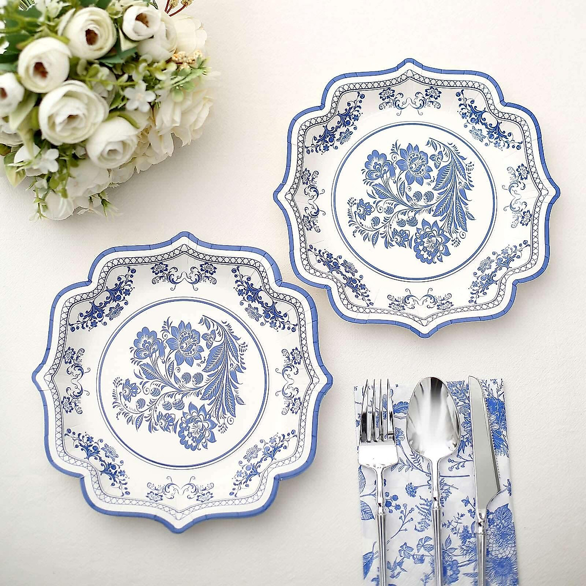 Tableclothsfactory 25 Pack | 8" White/Blue Chinoiserie Floral Print Paper Dessert Plates with Scalloped Rims, Disposable Salad Appetizer Plates - 300 GSM