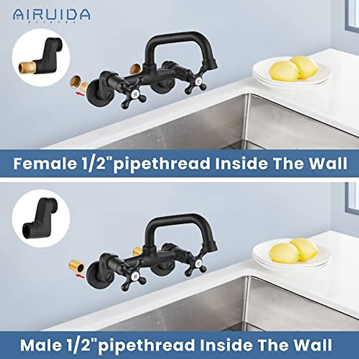 Airuida Matte Black Wall Mount Kitchen Faucet, 6 Inch(15cm) Spout Wall Mount Laundry Sink Faucet, Adjustable Center Double Handles Hot and Cold Water Mixer Tap 360 Rotatable Restaurant Faucet