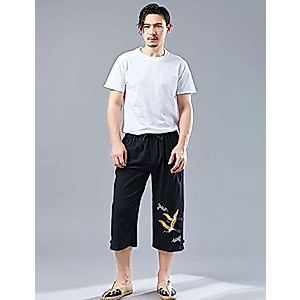 LZJN Men's Summer 3/4 Pants Cotton Linen Elastic Waistband Wide Leg Capri Shorts Bermuda Lounge Trousers with Embroidery (MF-138 Black, One Size)