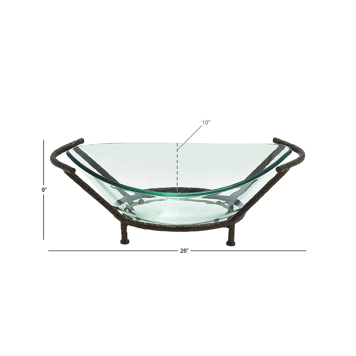 Deco 79 Tempered Glass Kitchen Serving Bowl with Brown Metal Base, 26" x 10" x 9", Clear