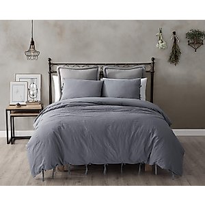 Sterling Creek Charlotte 3-Piece Washed Linen Cotton Duvet Cover Set - Soft Breathable Comforter Cover with Shams Set (King, Gray)
