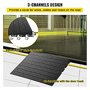 VEVOR Rubber Threshold Ramp, 3" Rise Threshold Ramp Doorway, 3 Channels Cord Cover Rubber Solid Threshold Ramp, Rubber Angled Entry Rated 2200 Lbs Load Capacity for Wheelchair and Scooter