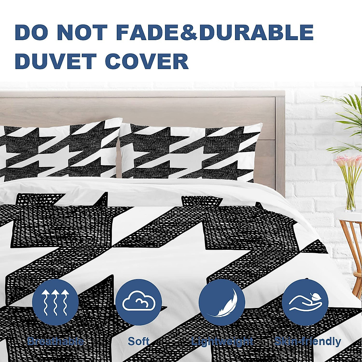 Batmerry Houndstooth Black White Twin Size 3 Pieces Bedding Comforter Cover Sets,Soft Fluffy Plaid Abstract Fashion Geometric Pattern Printed Duvet Cover for All Season