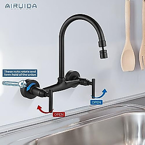 Airuida Wall Mount Kitchen Sink Faucet Matte Black Wall Mounted Kitchen Faucets 8 Inch Center Double Handles 360 Degree Swivel Spout Restaurant Utility Laundry Commercial Mixer Tap