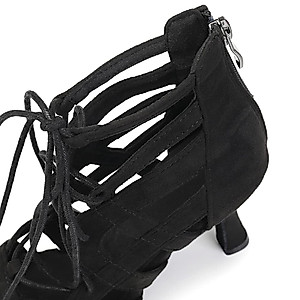 SWDZM Women's Ballroom Latin Salsa Dance Shoes Lace-up Open-toe Dance Boots,7208,Black,Heel 3 1/3",suede sole,US 7