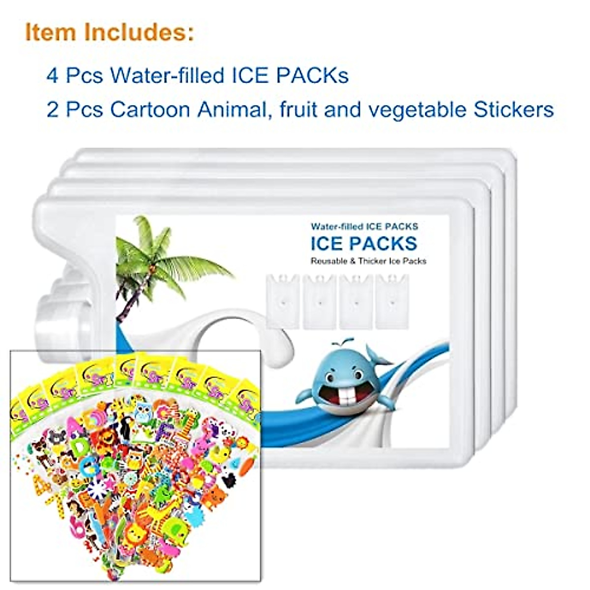 Deshitong Ice Packs with 2 DIY Art Creative Stickers for Lunch Bags, 4 Reusable Cool Packs for Lunch Bags and Box, Freezer Packs for Coolers (4 Packs and Stickers)