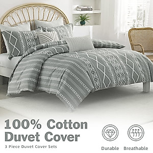 EWlinens Boho Duvet Cover King Size - Gray Geometric Bedding Duvet Cover Set 3 Pieces Bohemian Striped Pattern Printed Cotton Comforter Cover with Zipper Closure & Corner Ties, 104"x90"