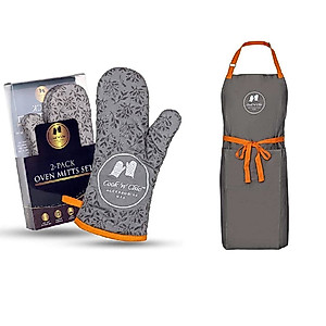Premium Oven Mitts and Essential Chef's Apron - 500°F Heat Resistant - 30"x34" for Kitchen Cooking Baking - Flexible Soft Terry Cloth Cotton Lining
