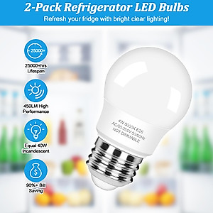 LED Refrigerator Light Bulb 40 Watt Equivalent, 120V Fridge Appliance Light Bulb 4W Daylight White 5000K, Waterproof A15 Fridge Light Bulbs 450LM, E26 Freezer Light Bulbs Non-dimmable, 2Packs
