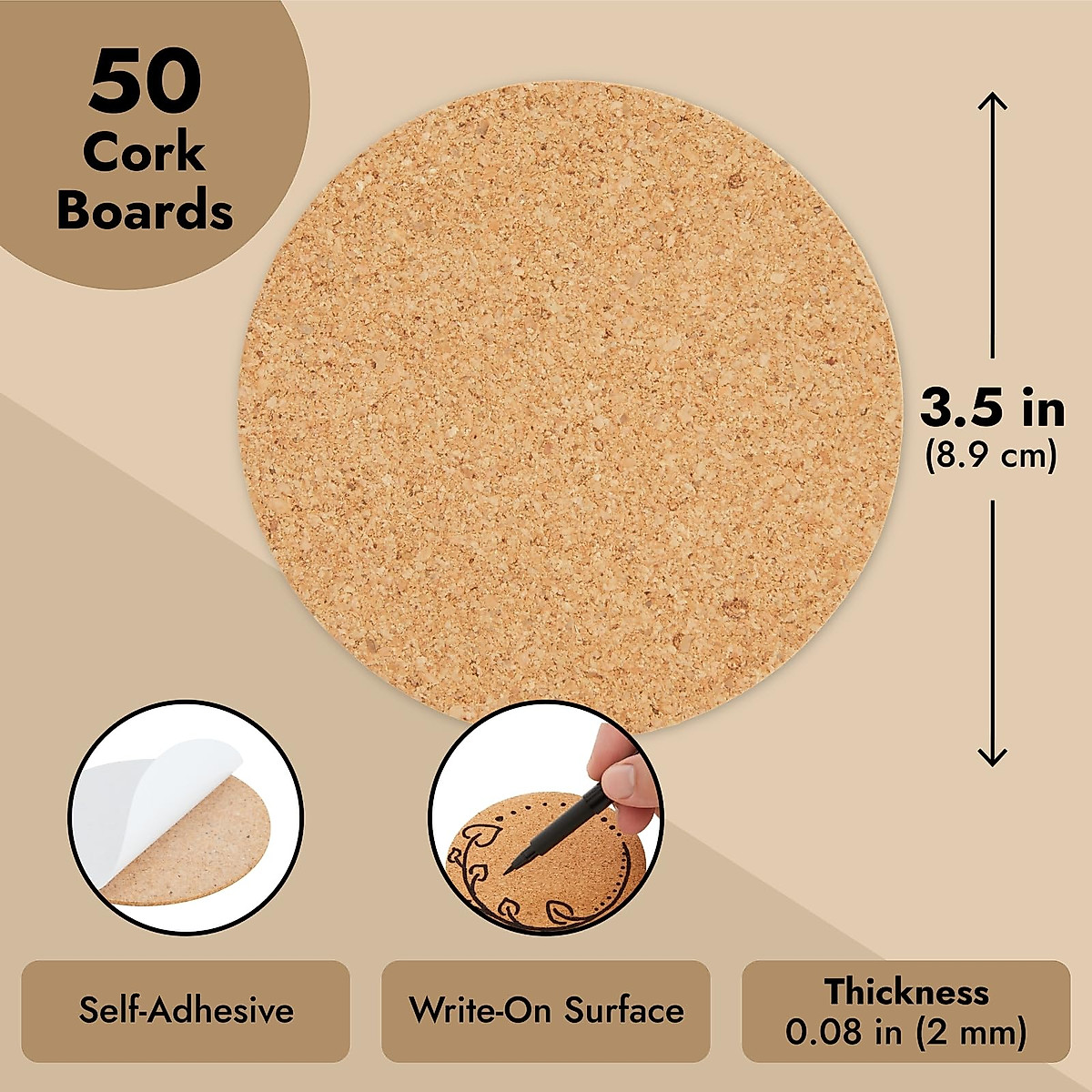 50 Sheets Self-Adhesive Cork Coaster Backing, Round 3.5 Inch Circles for DIY Crafts