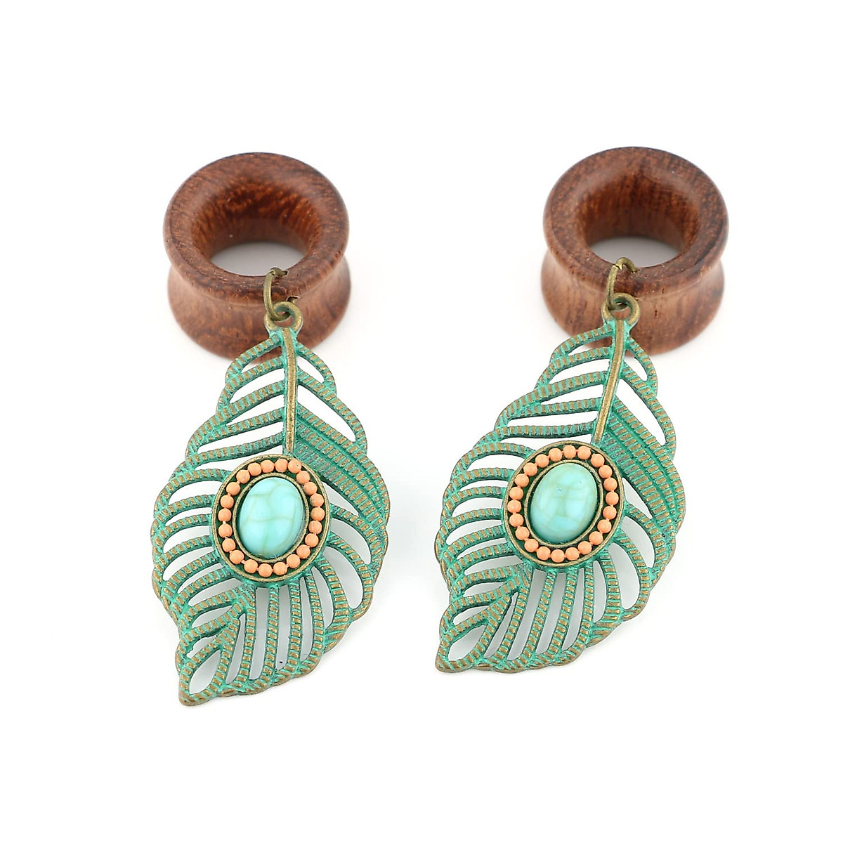 Balala 9/16 inch 14mm Antique Patina Brass Leaf Dangle Wood Ear Gauges Flesh Tunnels Piercing Plugs, Oval Turquoise Center