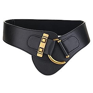 Toptim Womens Elastic Waist Belt Vintage Leather Wide Waistband (Waist 25-35", Black)