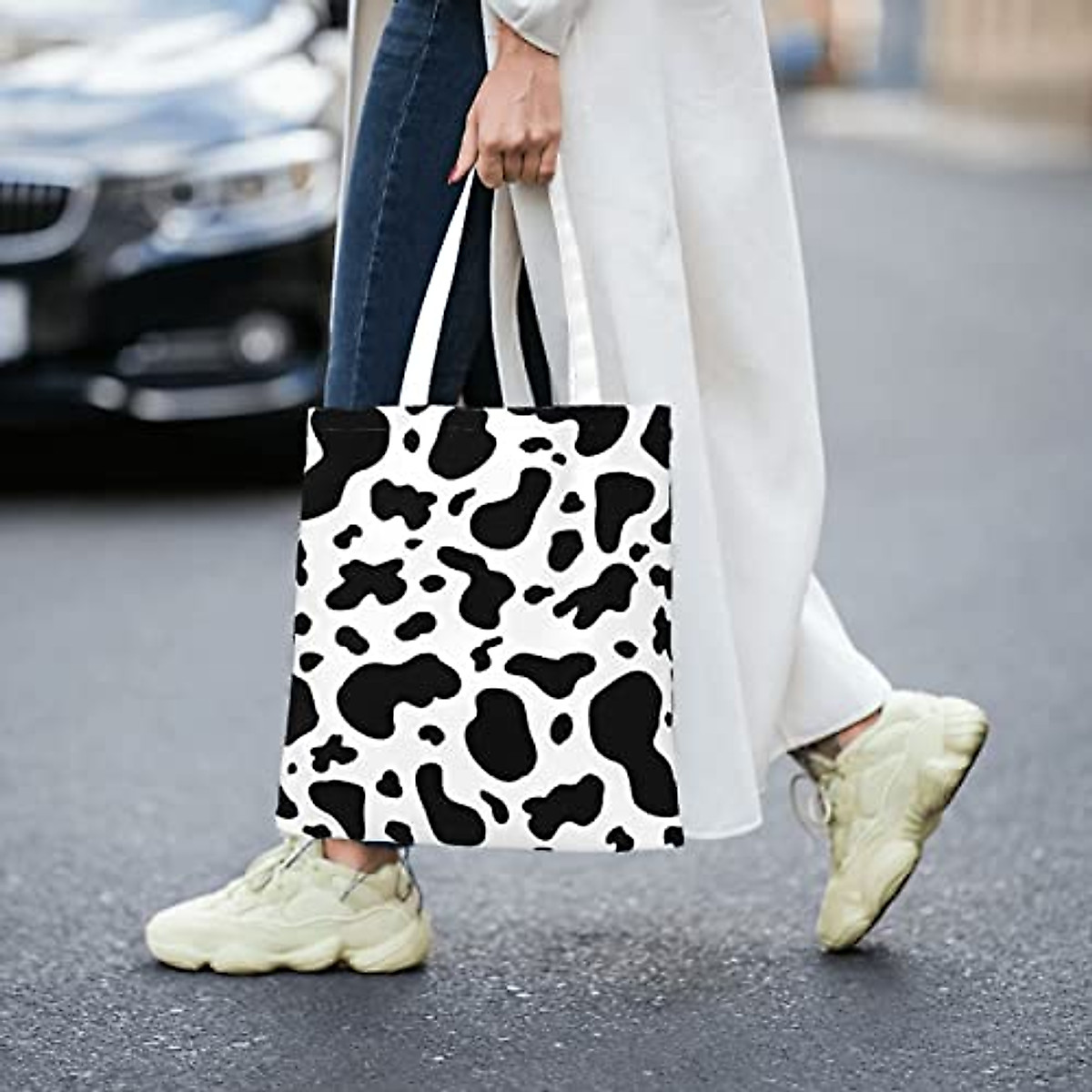 Cow Print Canvas Tote Bag For Women, Reusable Open Book Shopping Bags Aesthetic Tote Handbag Grocery Bags For Women Teacher Mother As Gifts