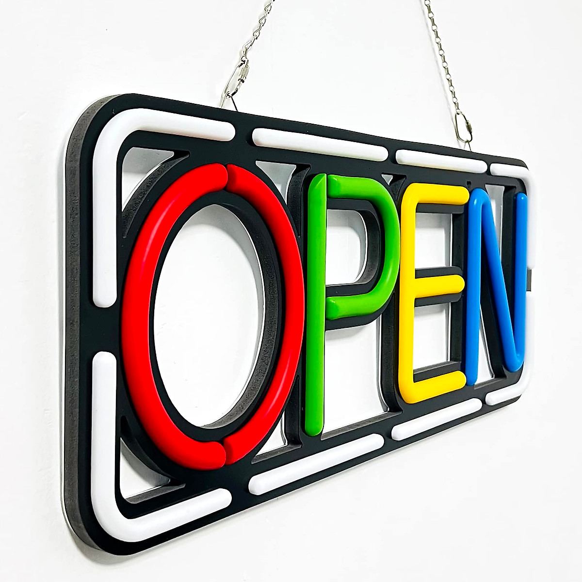 USEND LED Open Sign for Business Colorful Neon Open Sign 21.2x8.6inch High Visibility with Multiple Colors Changes 15V1.6A LED Open Sign with Two Modes Steady Light&Flashing Colorful LED Neon Open