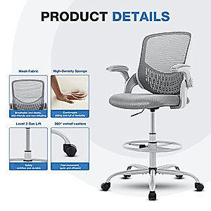 Drafting Chair - Tall Office Chair for Standing Desk Mesh Chair with Mid-Back and Height Adjustable Swivel Chair with Lumbar Support and Flip-up Armrests for Adults