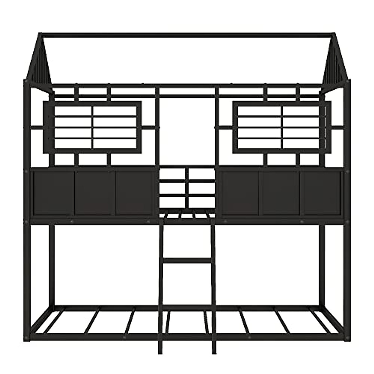 BIADNBZ Twin Over Twin Metal Bunk Bed House Shaped, Sturdy Low Bunkbed Frame with Roof and Fence-Shaped Guardrail, for Kids Boys Girls, Black