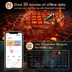 INKBIRD Wireless Meat Thermometer INT-11P-B, Bluetooth Meat Thermometer Wireless for Grilling Smoking, IP67 Waterproof Smart Meat Probe for BBQ Grill Smoker Rotisserie Rechargeable Box Gifts for Men